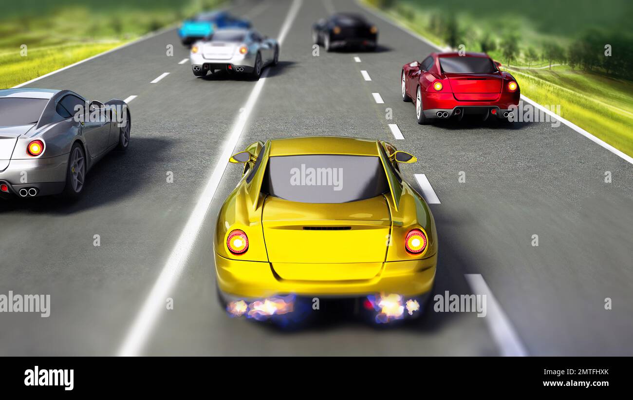 Car race with various color racing cars on the road. 3D illustration ...