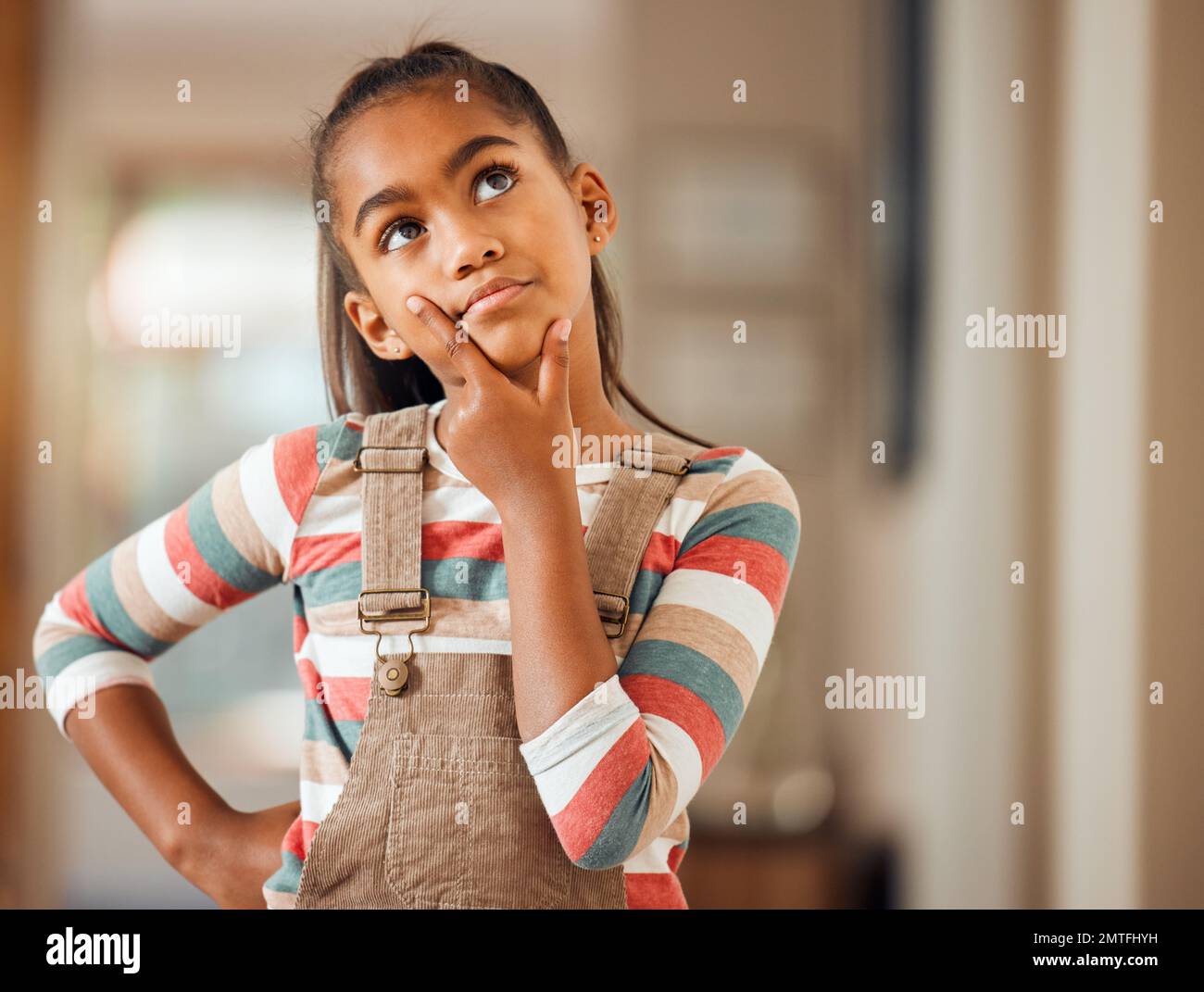 Confused, thinking and idea with face of girl for question, solution ...