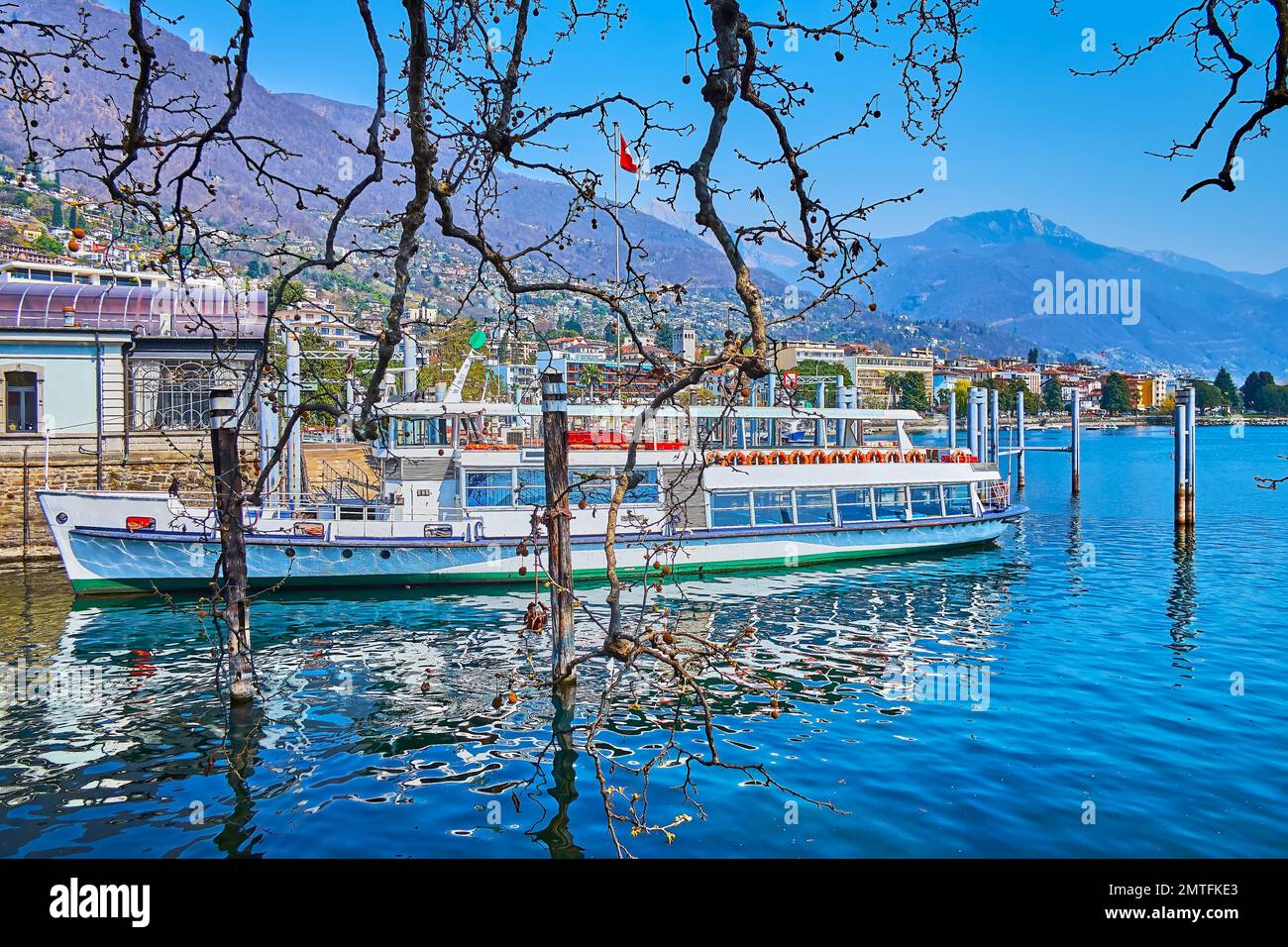 The tourist ferry on Lake Maggiore behind the sycamore branches in ...