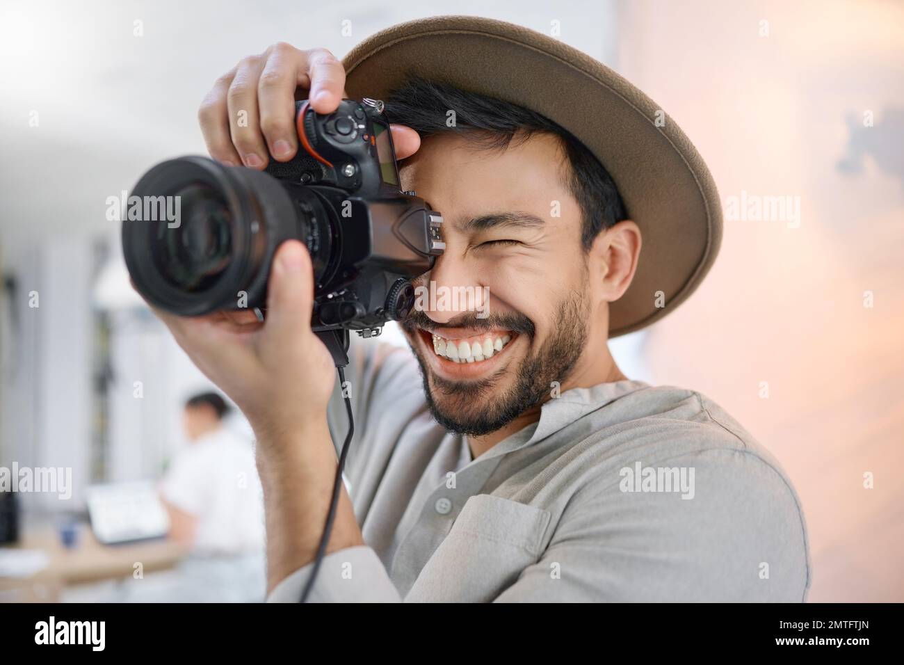 Photography, camera and man in studio shooting creative memory picture ...