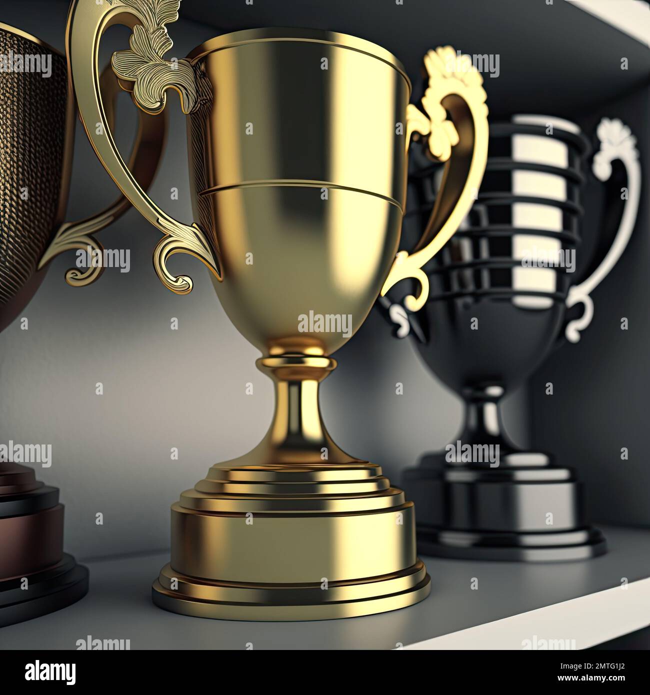 ai generated gold colored trophy on book shelf , trophy symbol of ...