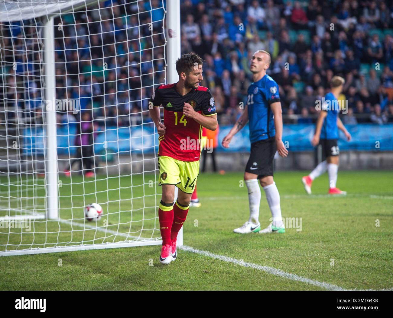 Belgium's Dries Mertens runs after scoring a goal during the World Cup ...