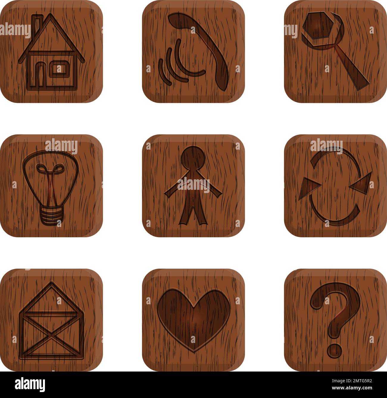 Set of minimal isolated icons drawing with gradient on wood grain ...