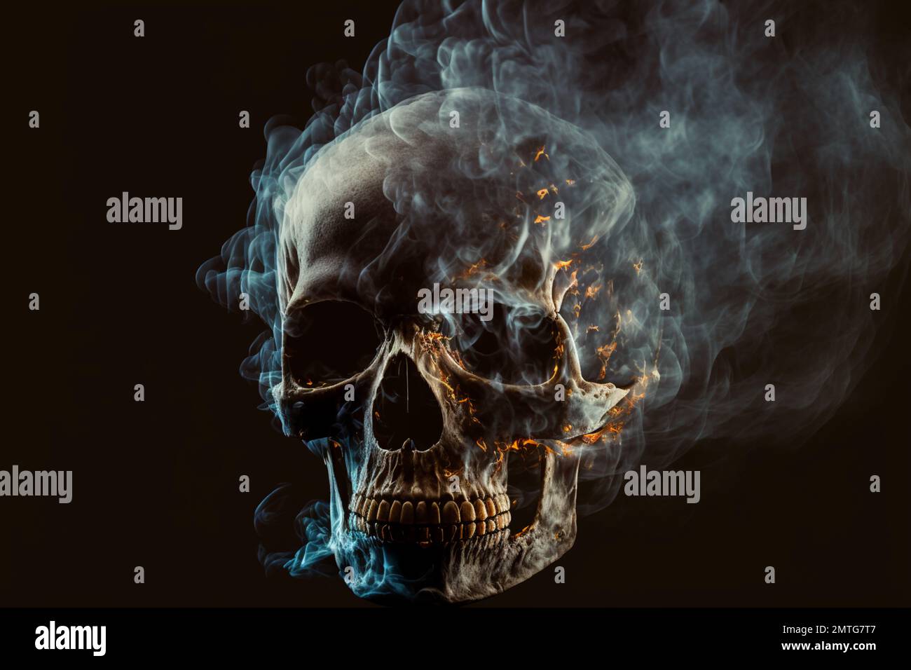 Smoldering human skull with orange fire surrounded by smoke placed on ...