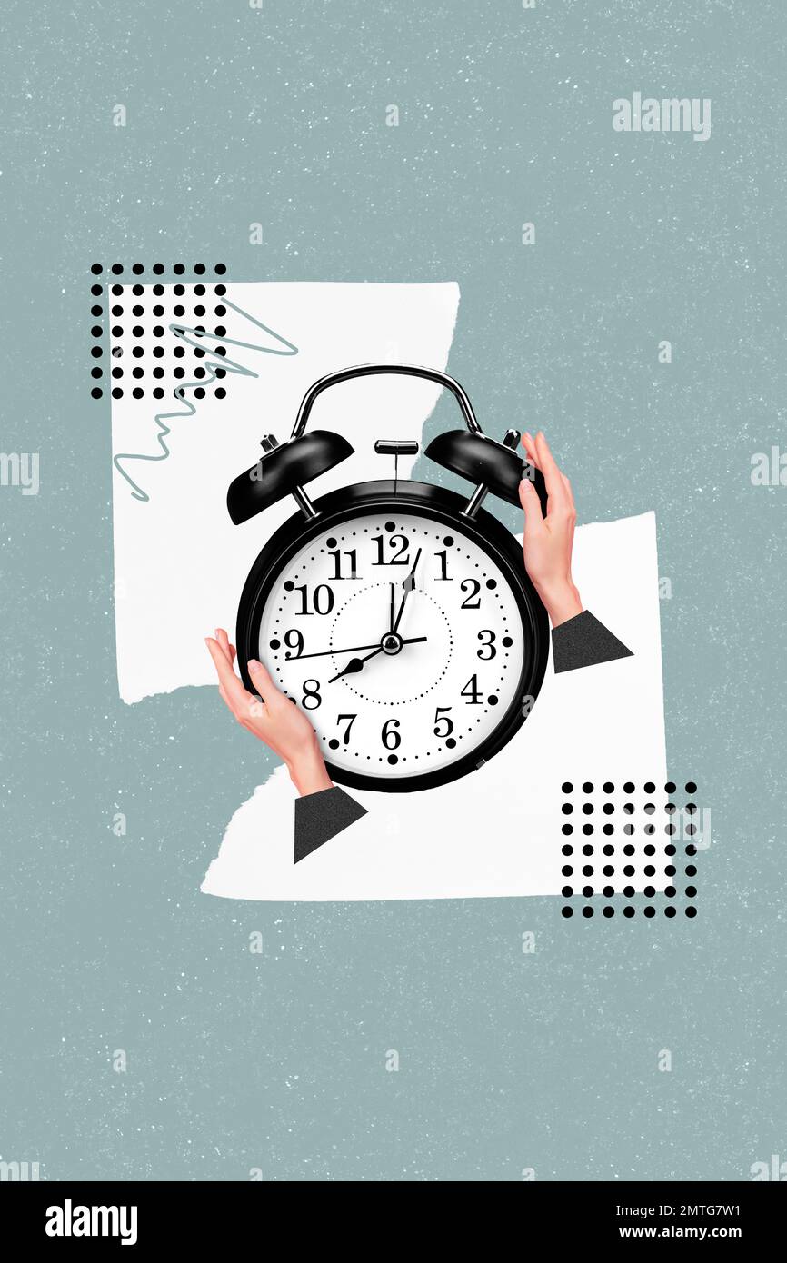Vertical creative collage image of hands holding big bell clock ...
