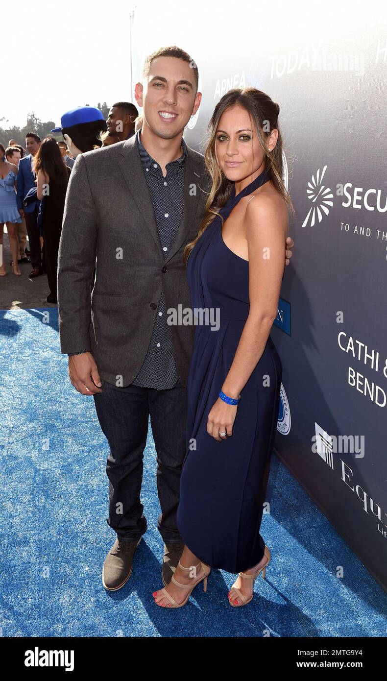 Austin Barnes, left, and guest arrive at the Los Angeles Dodgers ...