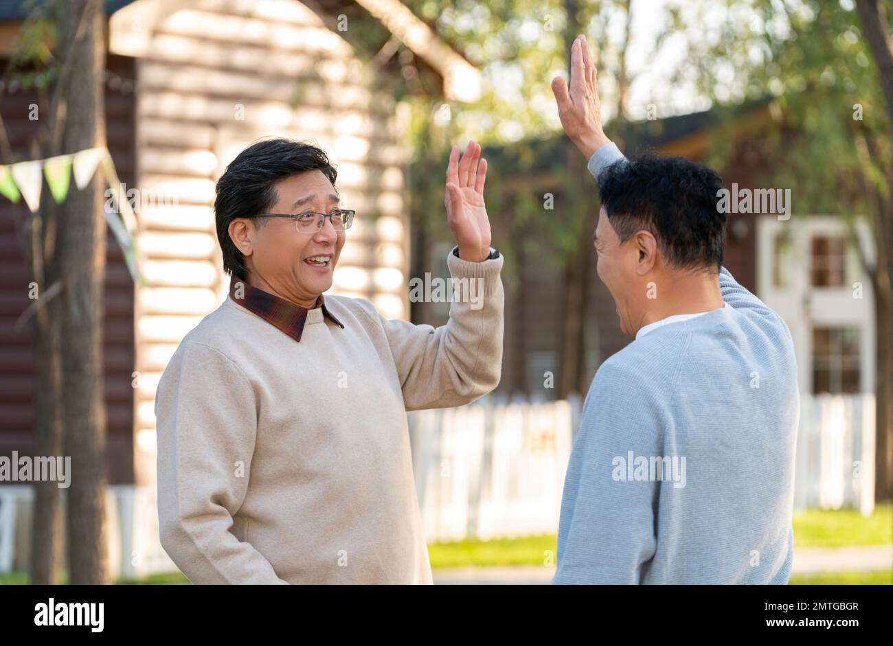 Two elderly men high-five happily Stock Photo - Alamy