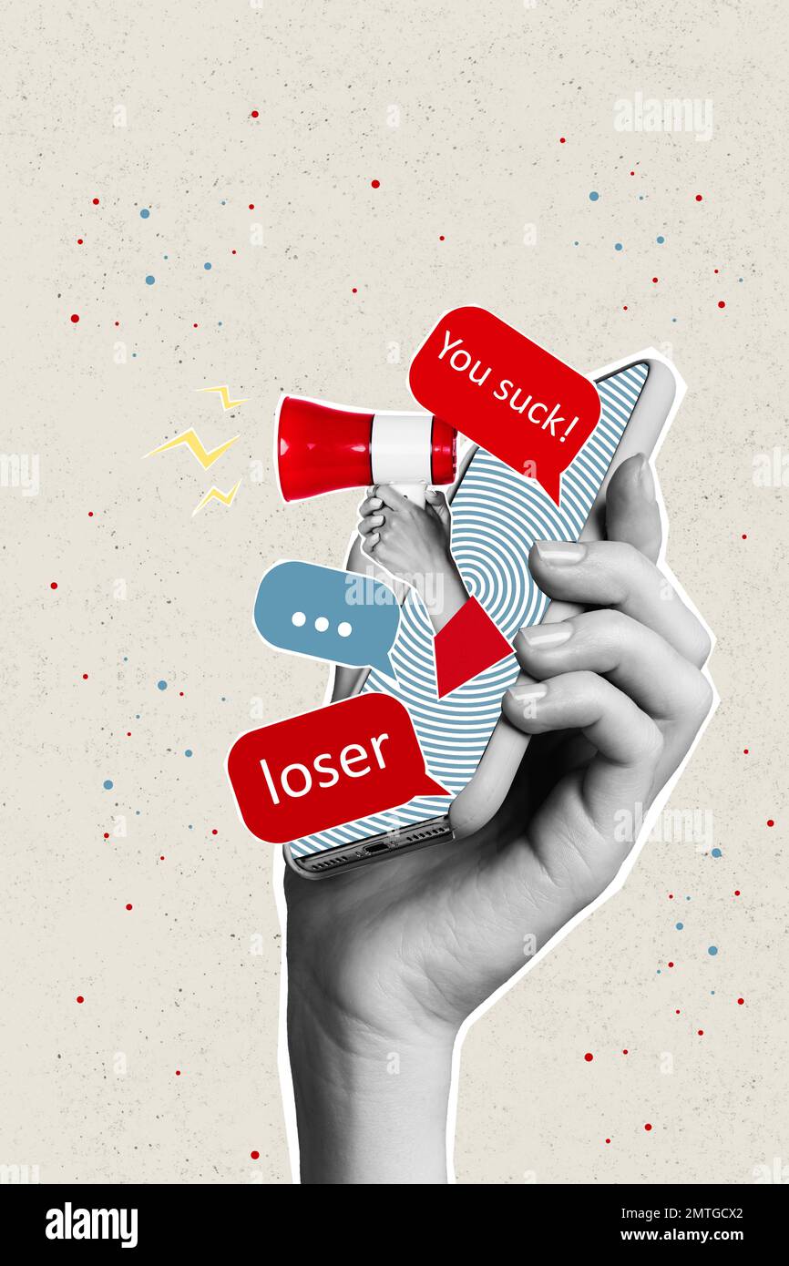 Collage photo artwork cyberbullying from internet users hand hold ...