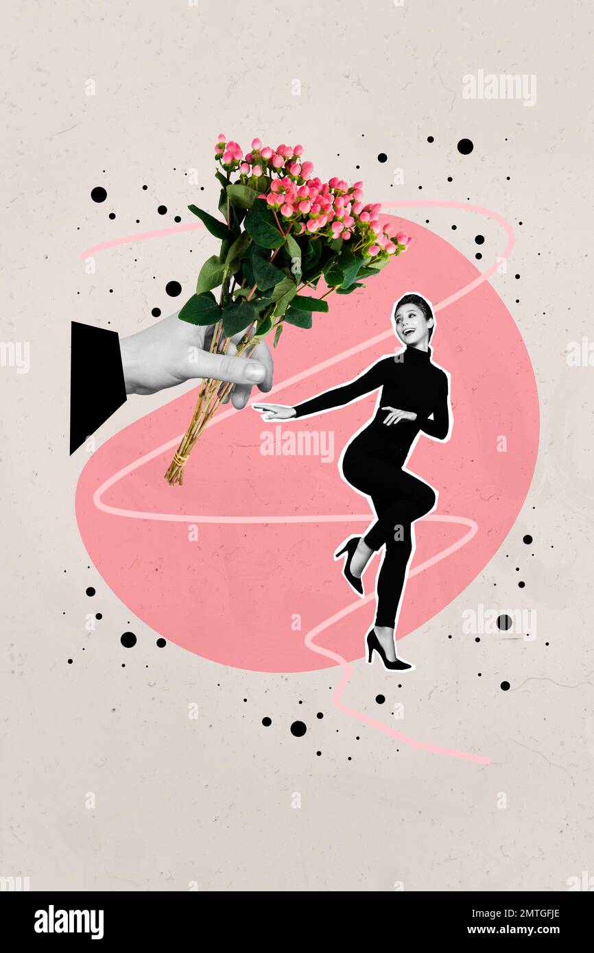 Creative drawing collage picture of hand holding 8 march flowers ...