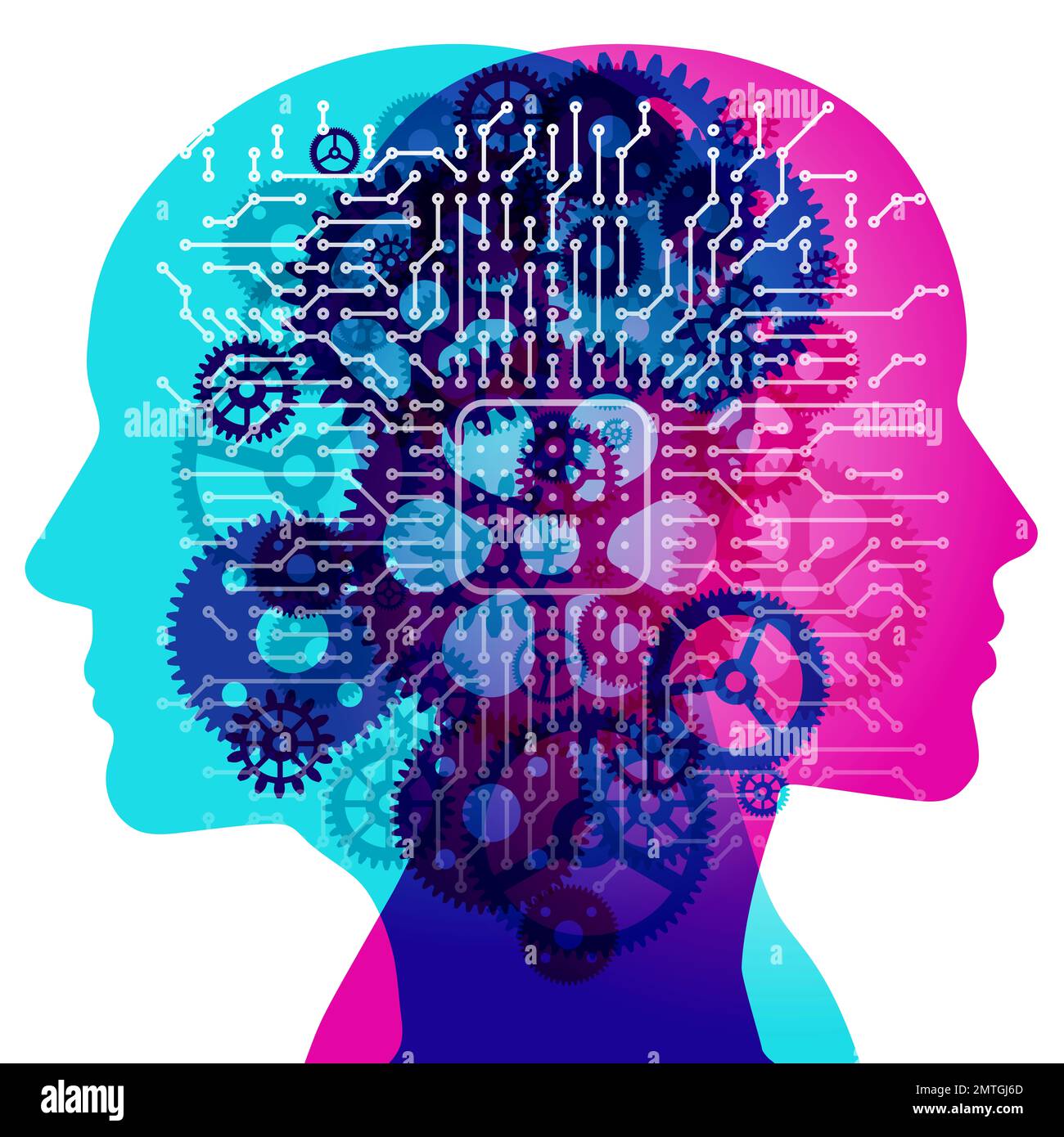 2-person back-to-back silhouette overlaid with semi-transparent Machine ...