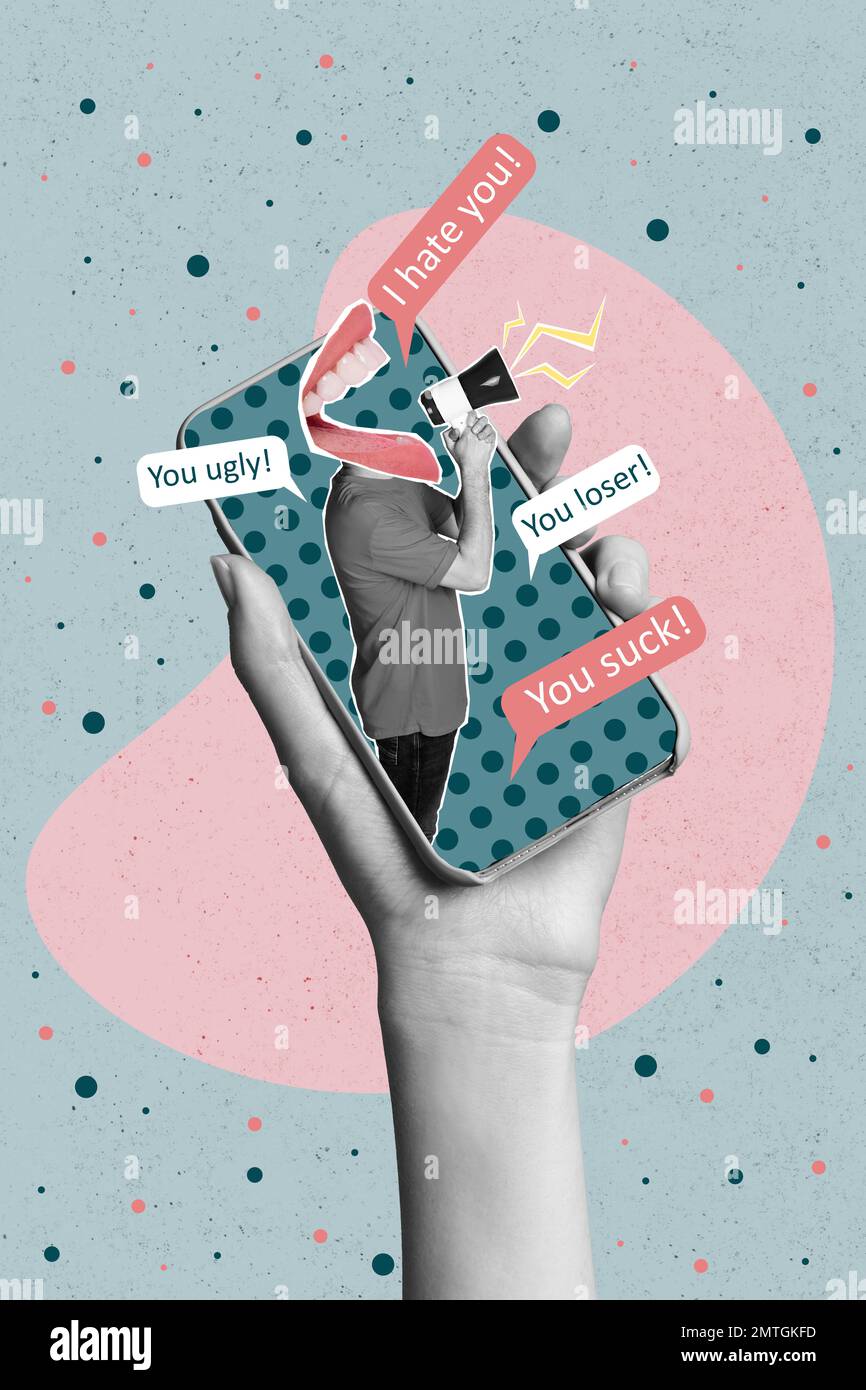 Creative poster collage of hand holding device man scream megaphone I ...