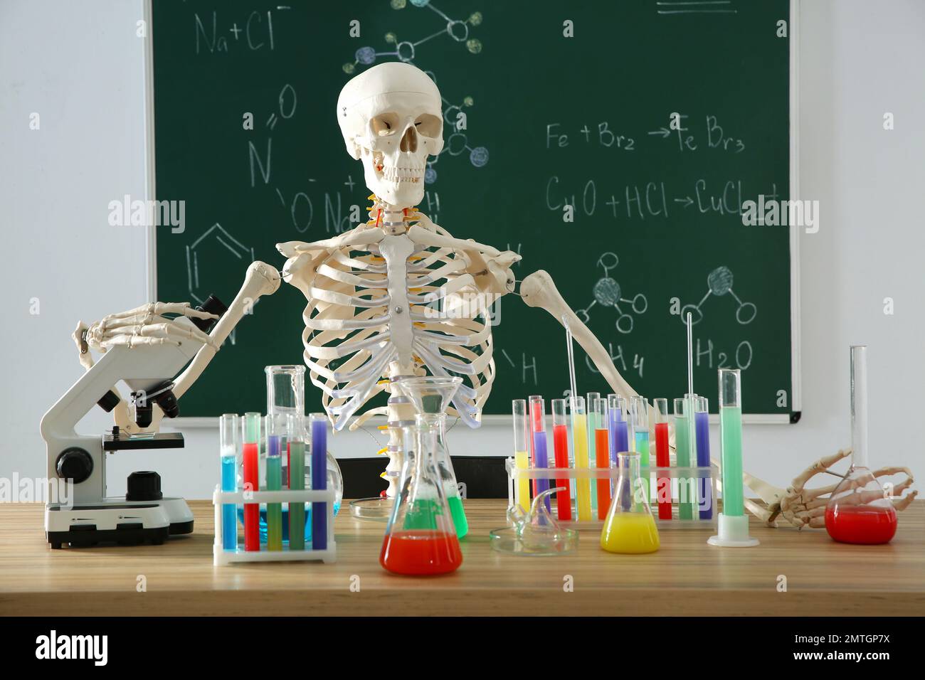 Skeleton and different chemistry glassware in classroom Stock Photo - Alamy