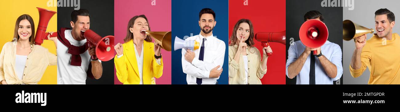 Collage of people with megaphones on color backgrounds. Banner design ...