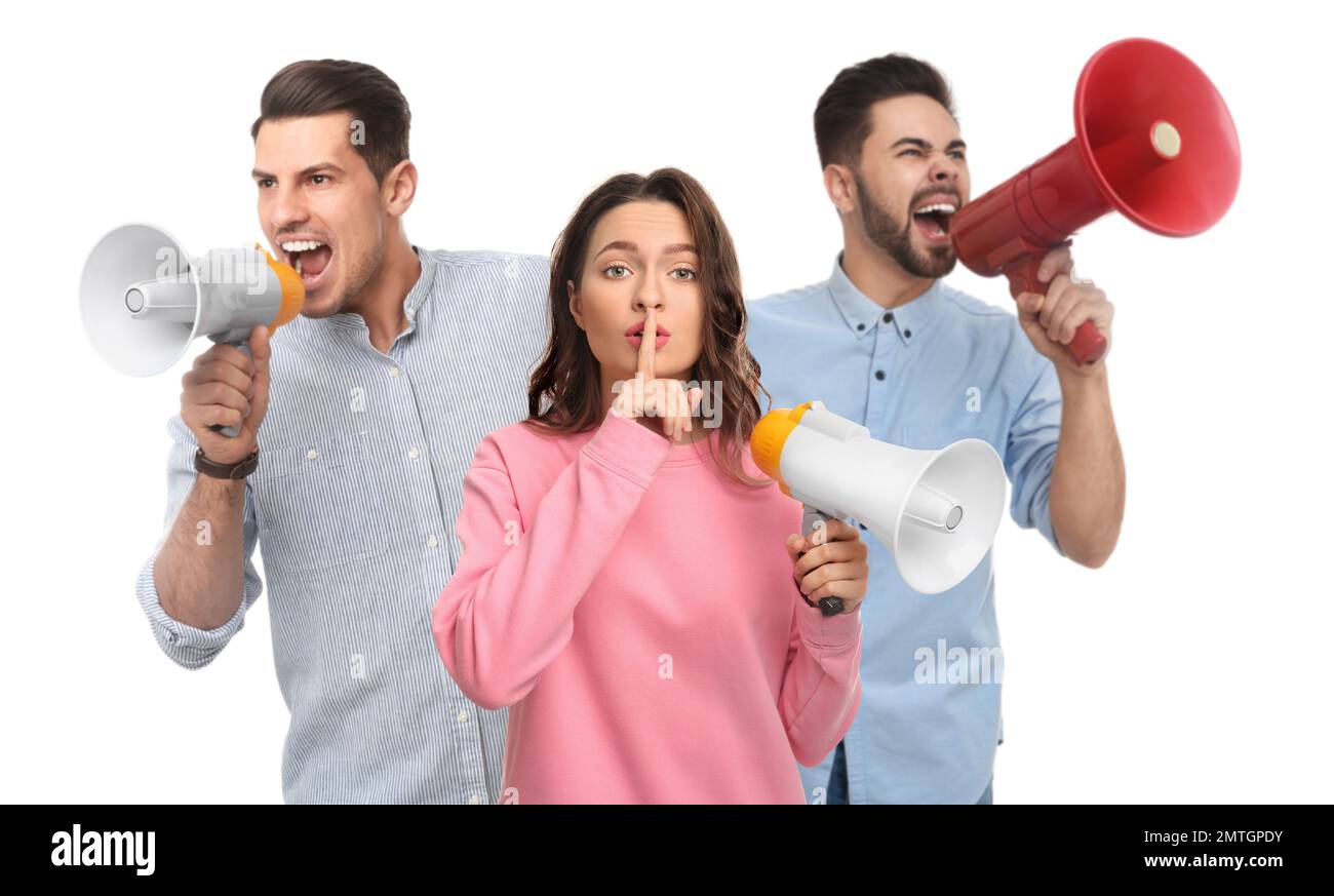Collage of people with megaphones on white background Stock Photo - Alamy