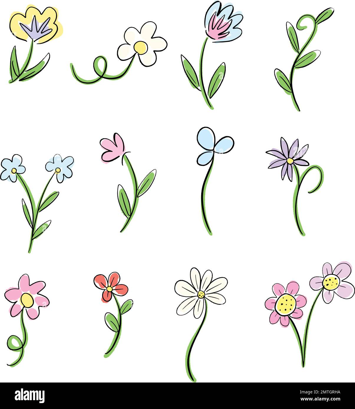 Floral Line Art Flowers and Leaves Doodle Illustrations in Vector Stock ...