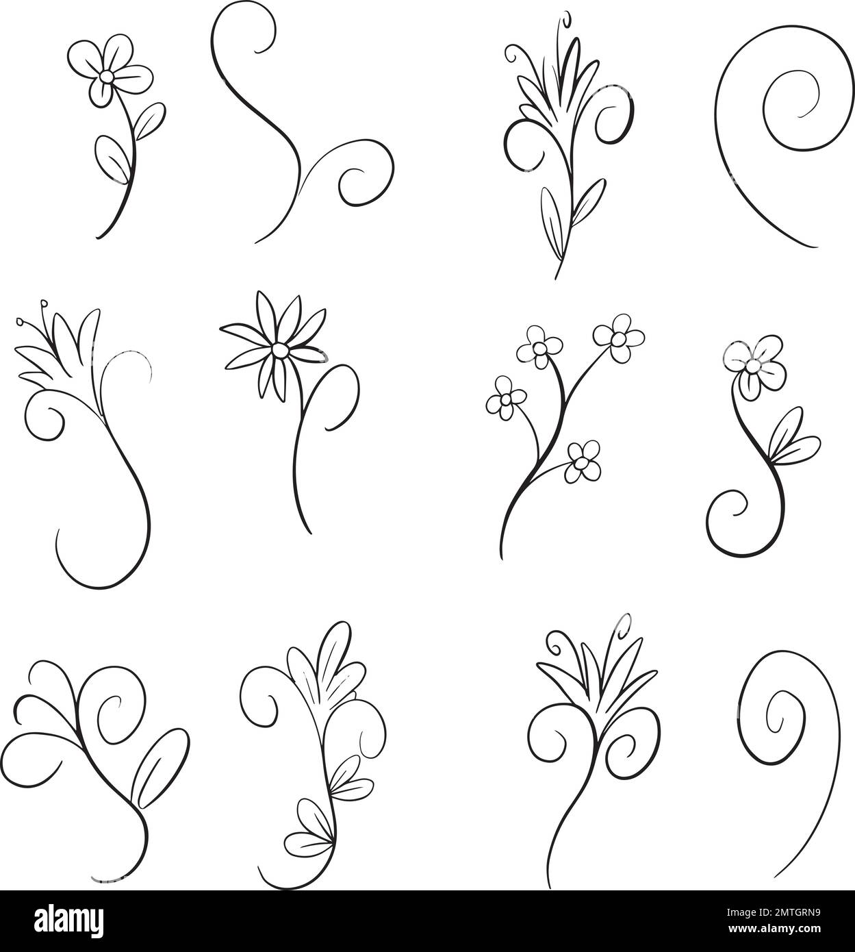 Floral Line Art Flowers and Leaves Doodle Illustrations in Vector Stock ...