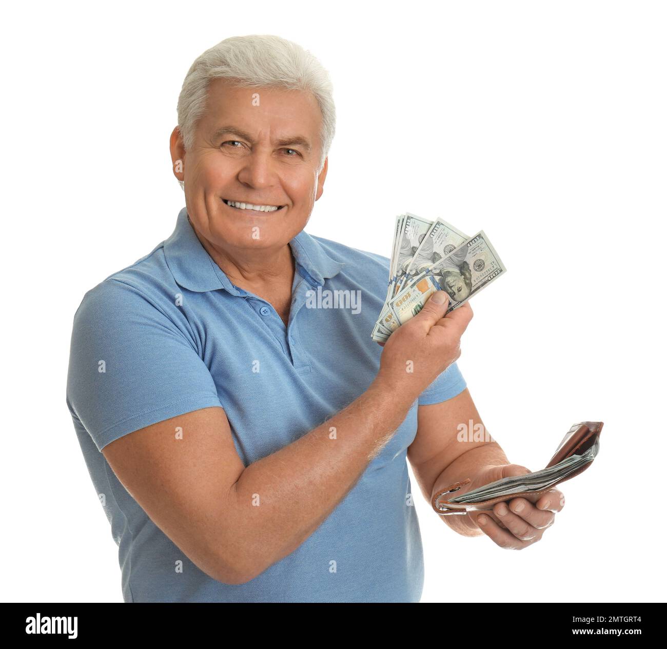 Happy senior man with cash money and wallet on white background Stock ...