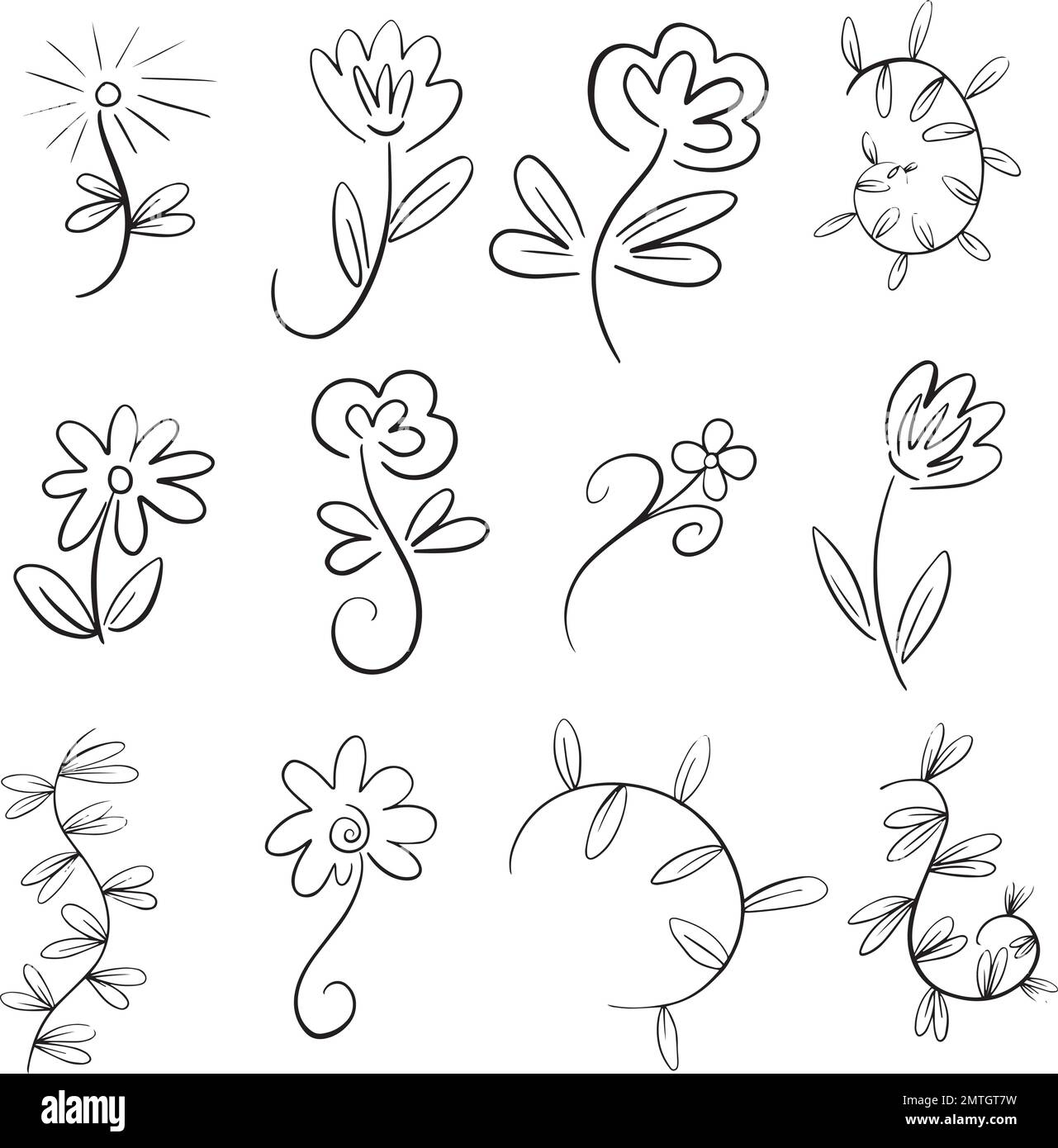 Floral Line Art Flowers and Leaves Doodle Illustrations in Vector Stock ...