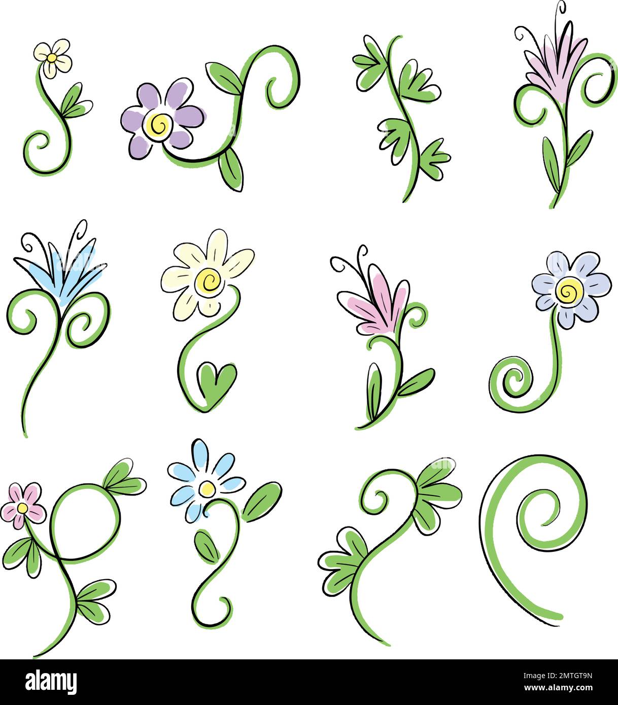Floral Line Art Flowers and Leaves Doodle Illustrations in Vector Stock ...