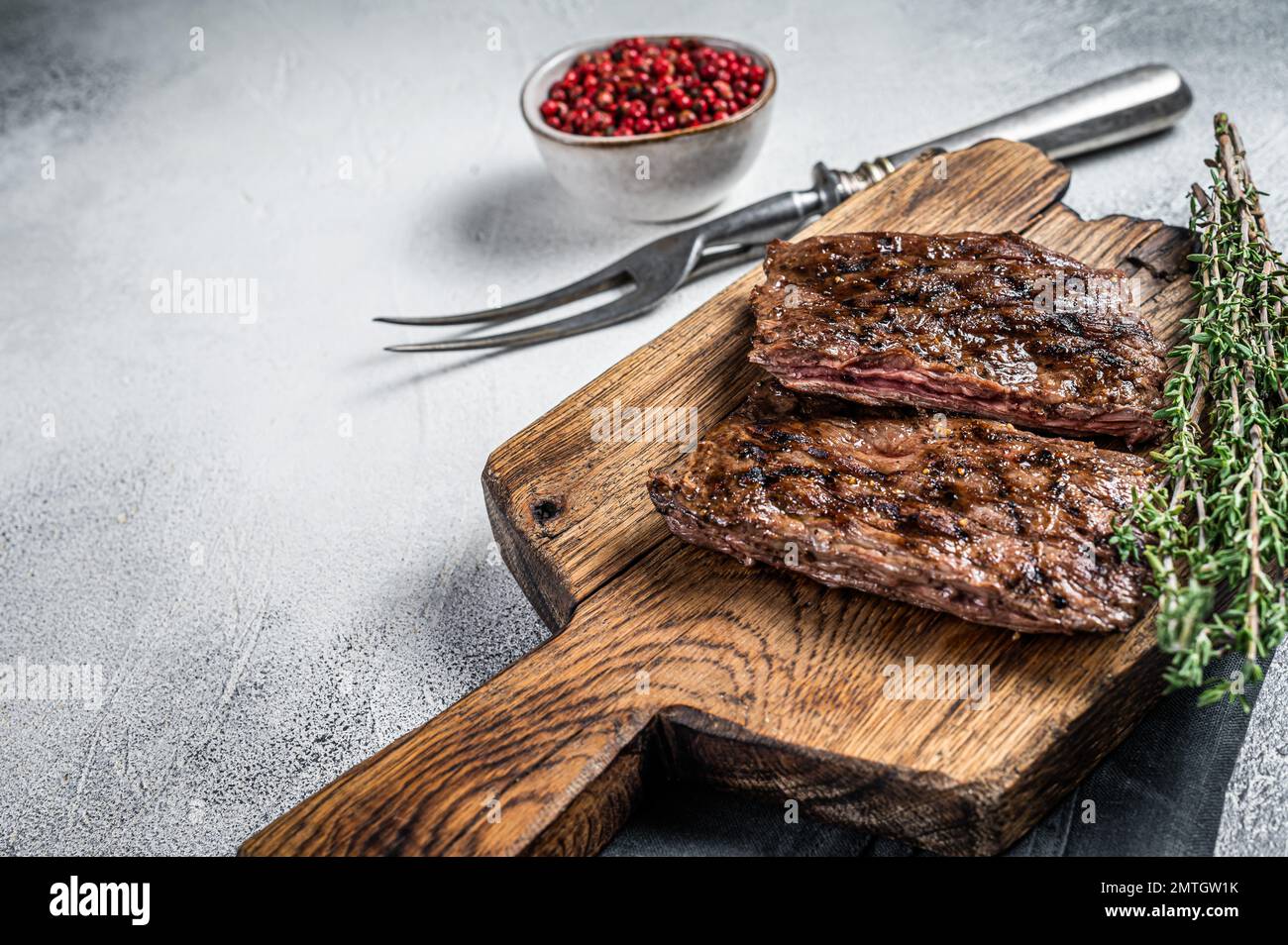 Prime Black Angus Grilled Skirt steak, beef meat. White background. Top ...
