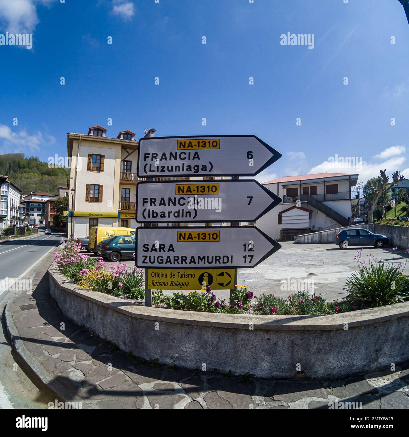 Road signs to french borders near Irun in Spain, Fisheye view of ...