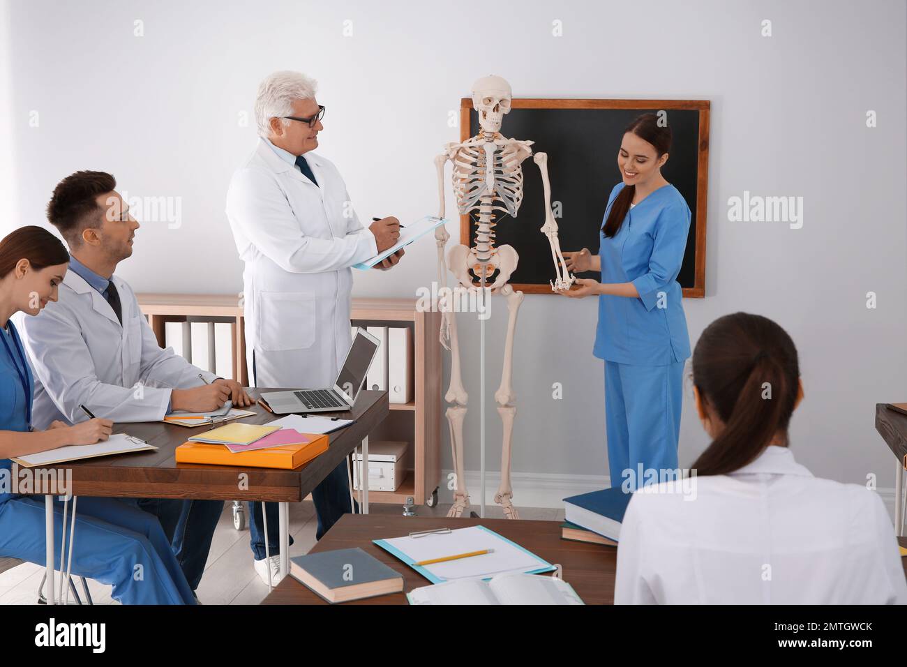 Medical students and professor studying human skeleton anatomy in ...