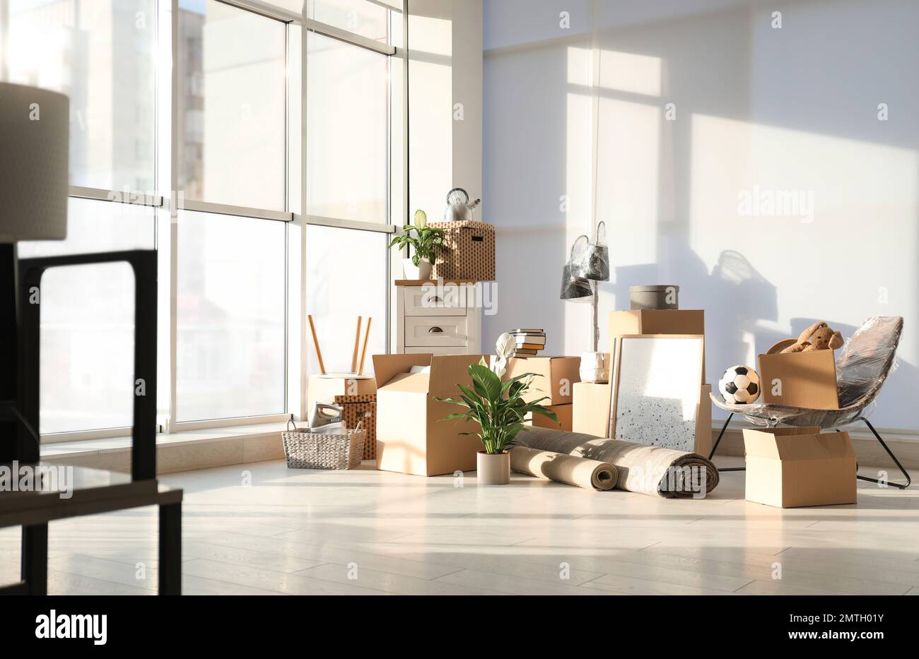 Cardboard boxes and household stuff in living room. Moving day Stock ...