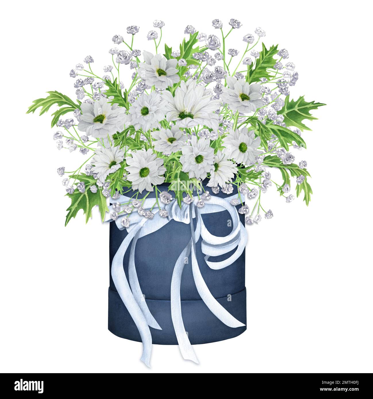 Hand-drawn watercolor flower bouquet in a box with ribbons. A small ...