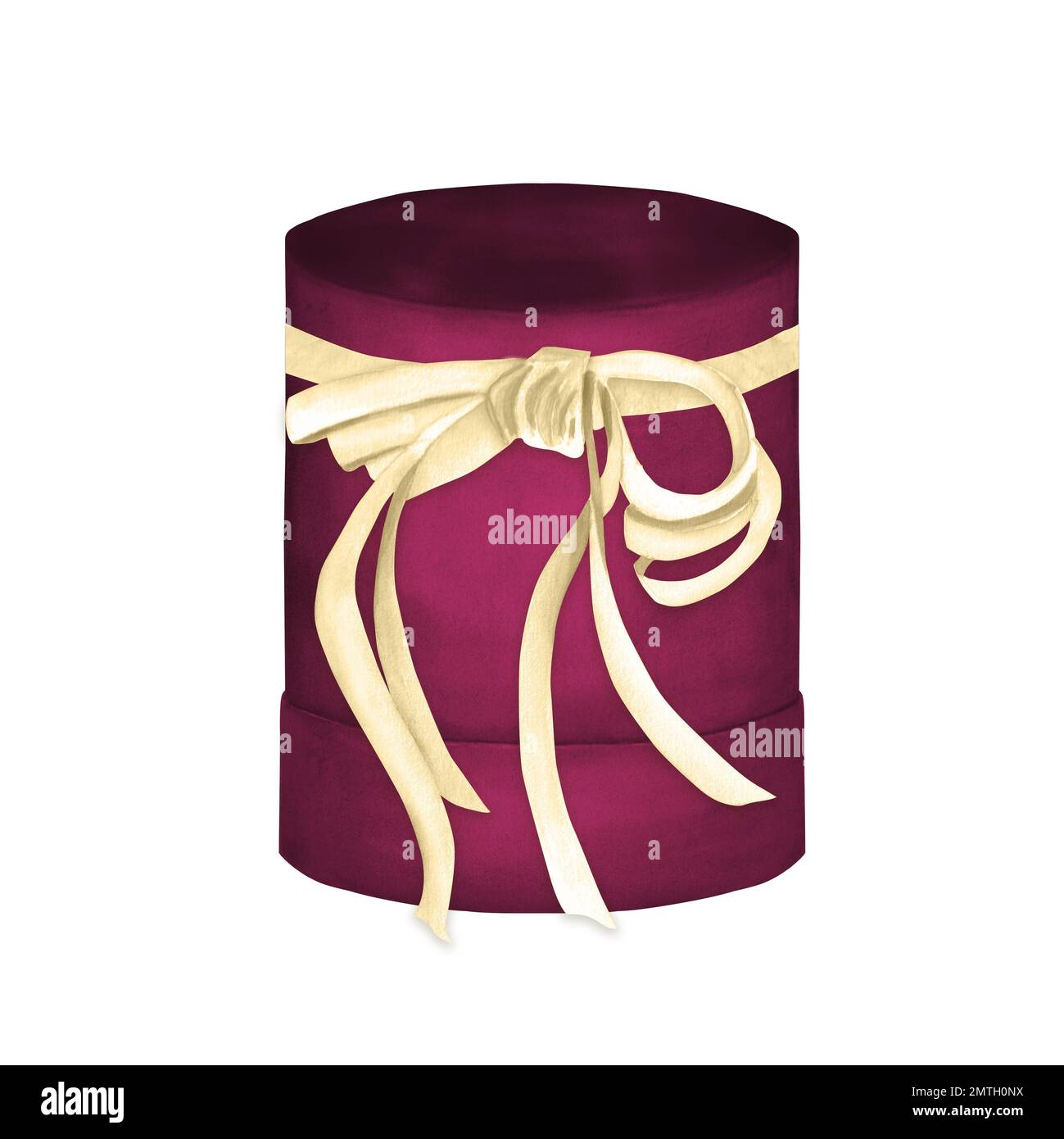 Hand-drawn watercolor flower package: maroon box with ribbons. A small ...