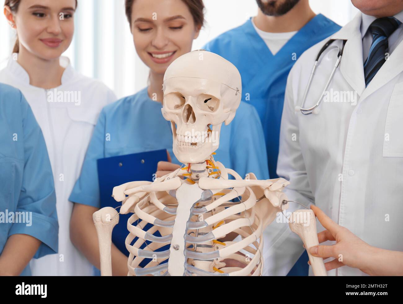 Professional orthopedist with human skeleton model teaching medical ...