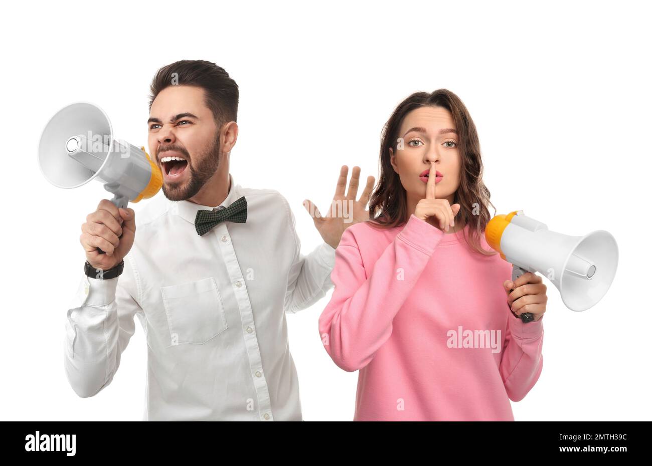 Collage of people with megaphones on white background Stock Photo - Alamy