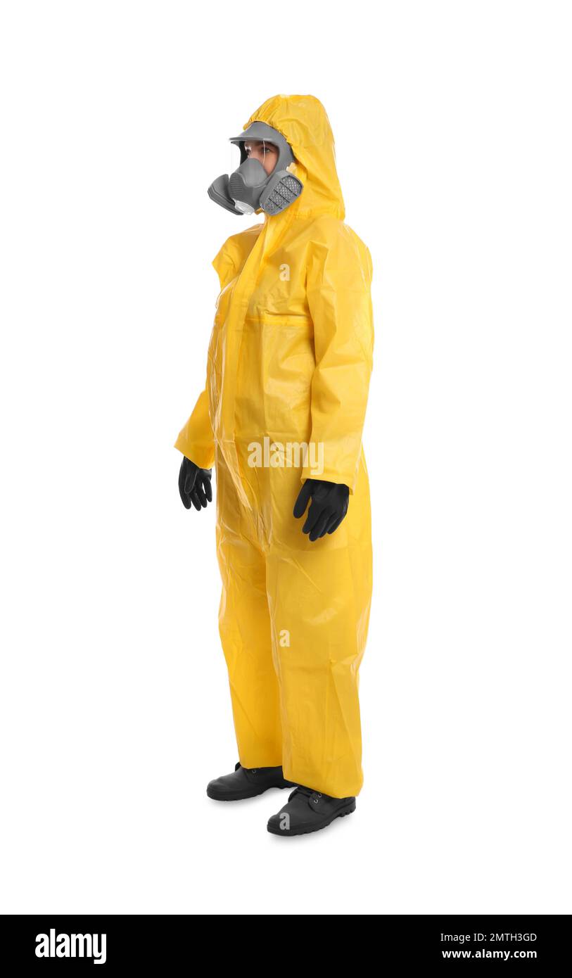 Woman wearing chemical protective suit on white background. Virus ...