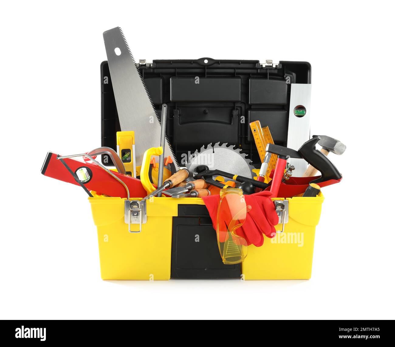 Box with different carpenter's tools isolated on white Stock Photo - Alamy