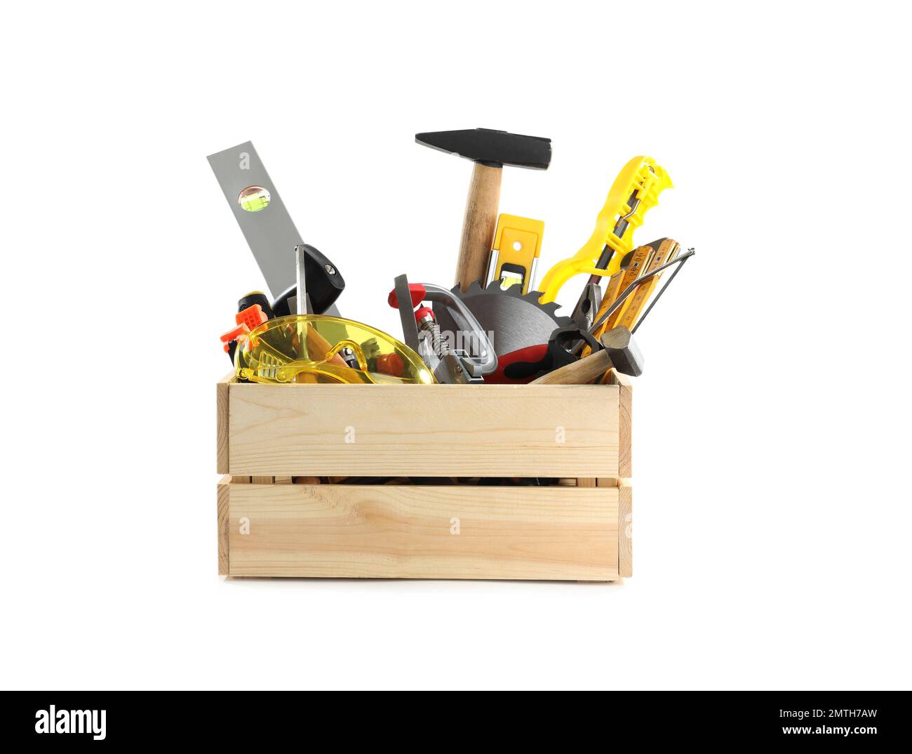 Wooden crate with different carpenter's tools isolated on white Stock ...