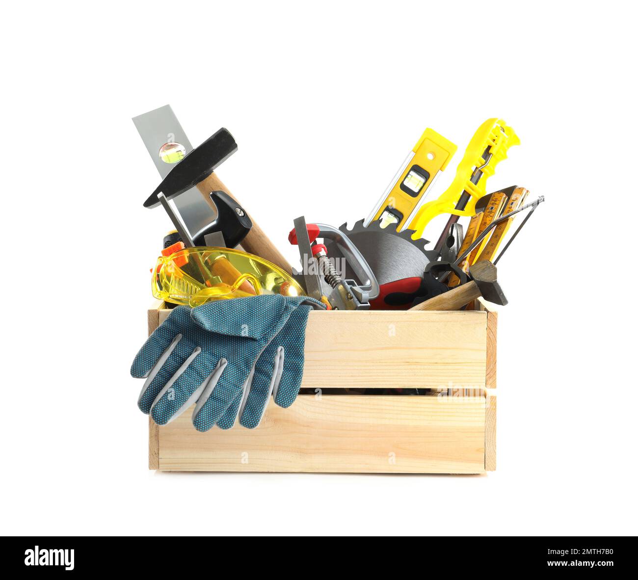 Wooden crate with different carpenter's tools isolated on white Stock ...