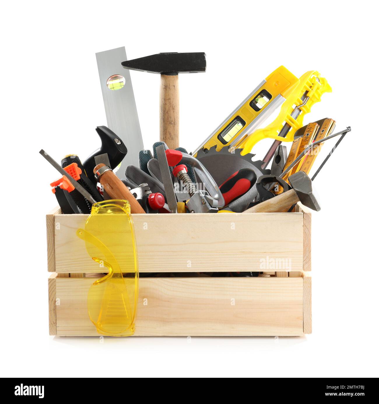 Wooden crate with different carpenter's tools isolated on white Stock ...