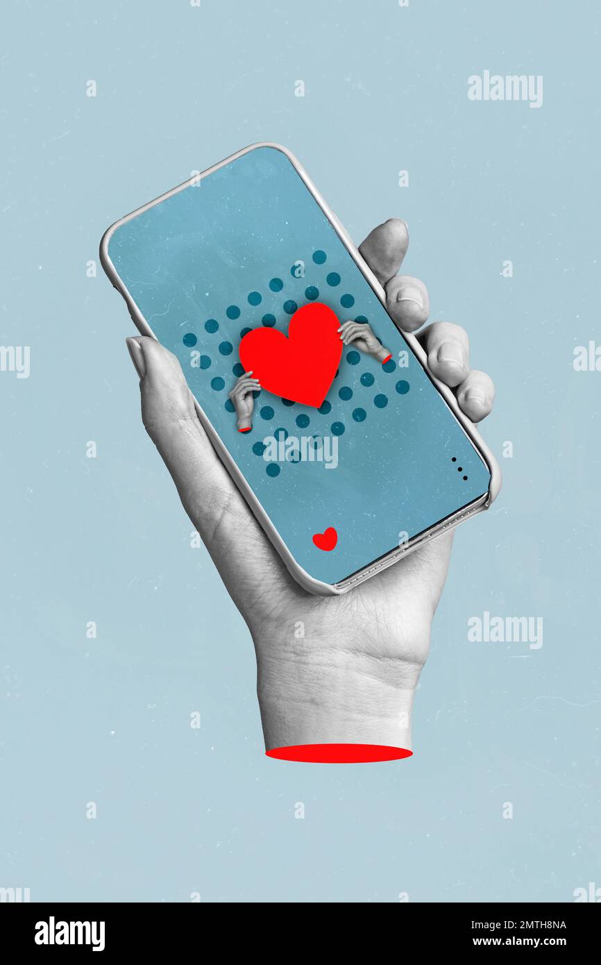 Vertical collage image of black white effect arm hold telephone heart ...