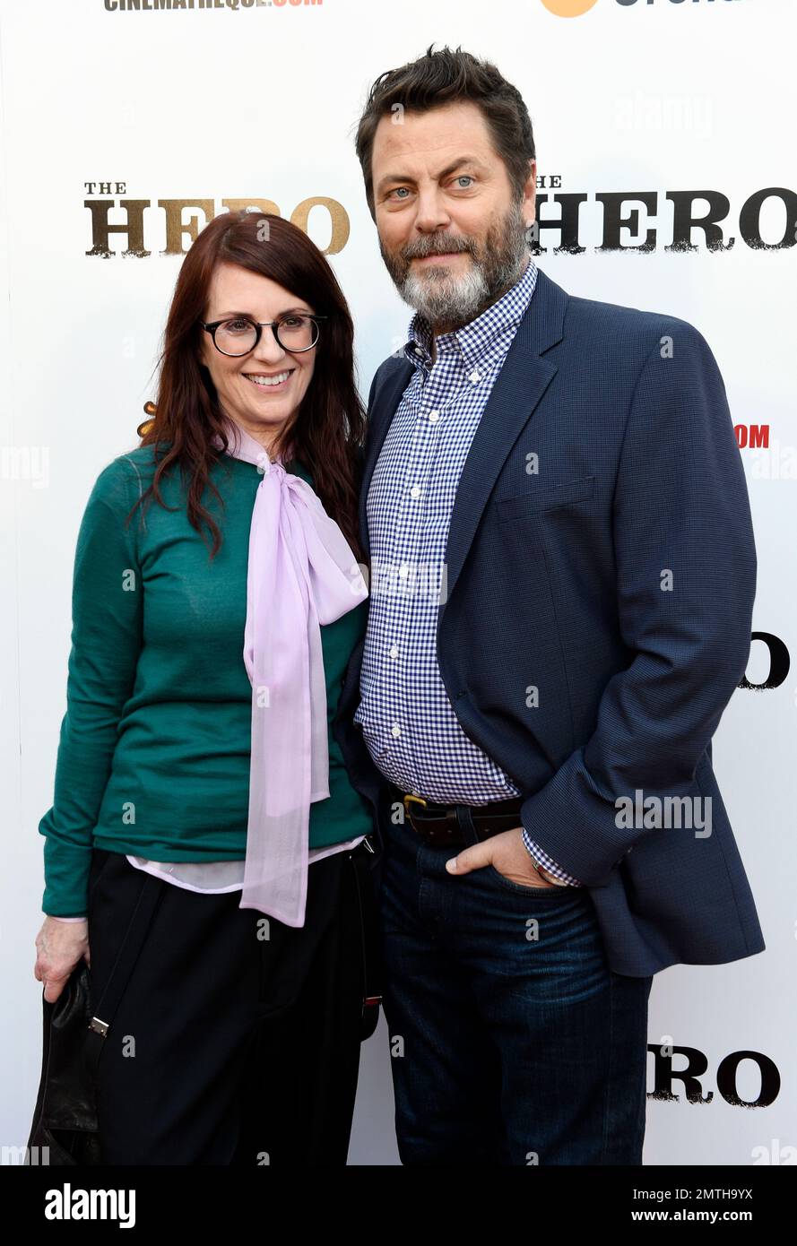 Nick Offerman, a cast member in "The Hero," poses with his wife ...