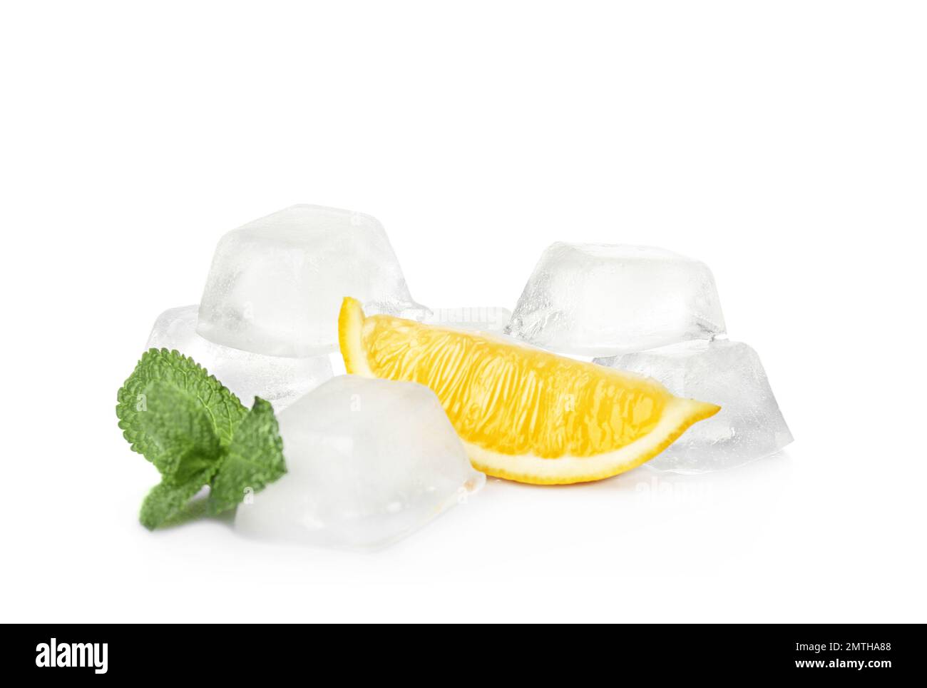 Ice cubes, mint and lemon slice on white background Stock Photo - Alamy