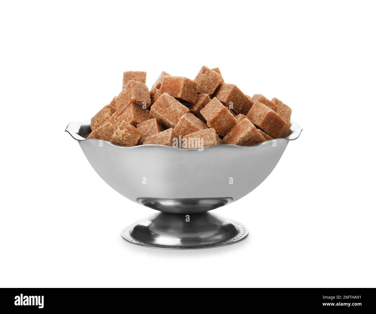 Metal bowl with brown sugar cubes isolated on white Stock Photo - Alamy