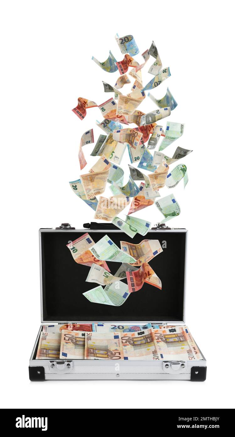 Metal case full of money on white background Stock Photo - Alamy