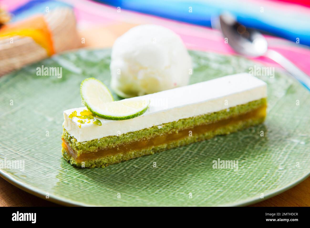 Lime mousse and green tea dessert in a French patisserie Stock Photo ...