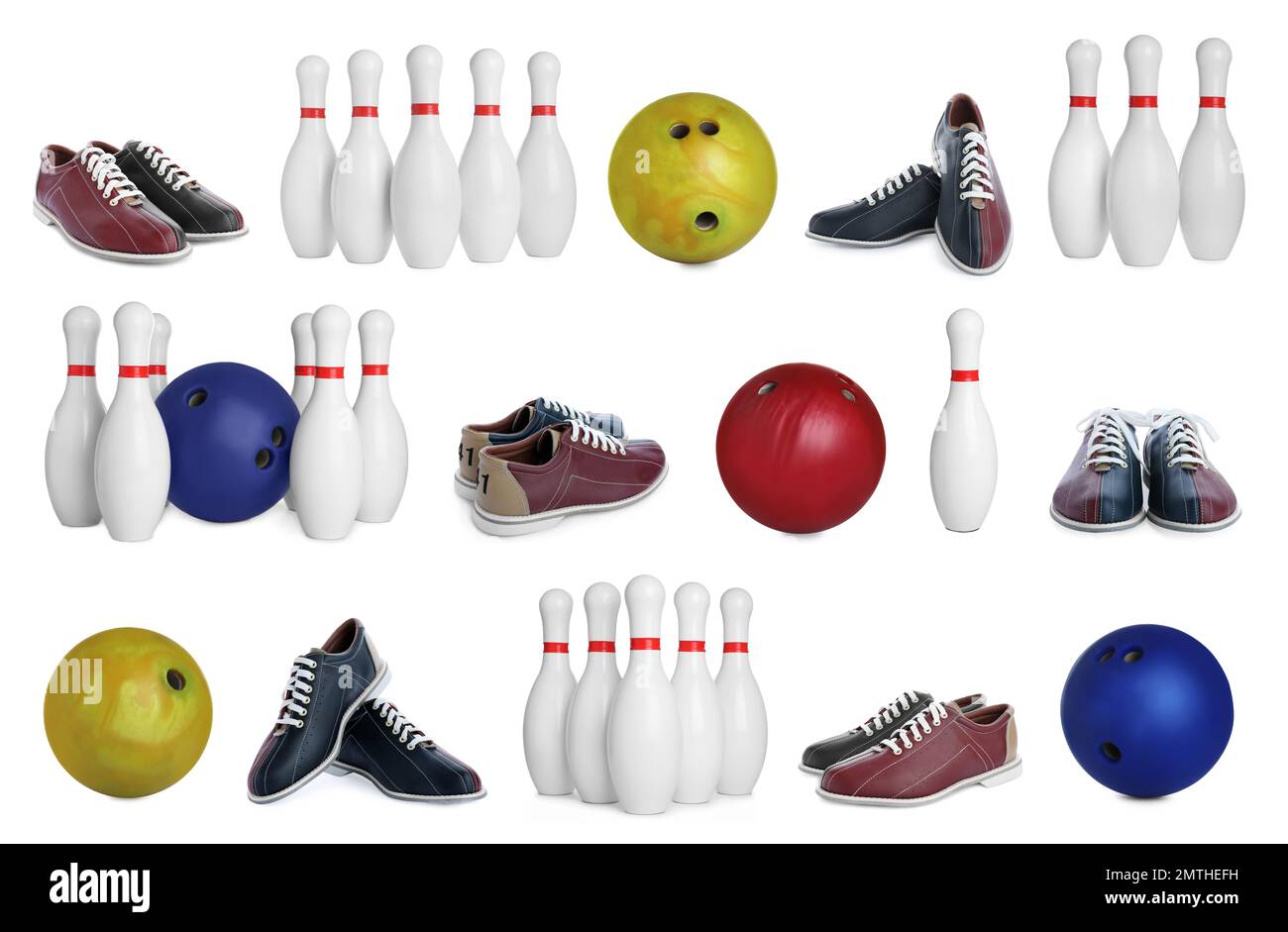Set of bowling balls, pins and shoes on white background Stock Photo ...