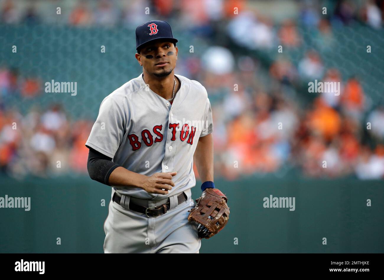 Boston Red Sox shortstop Xander Bogaerts runs on the field before a ...