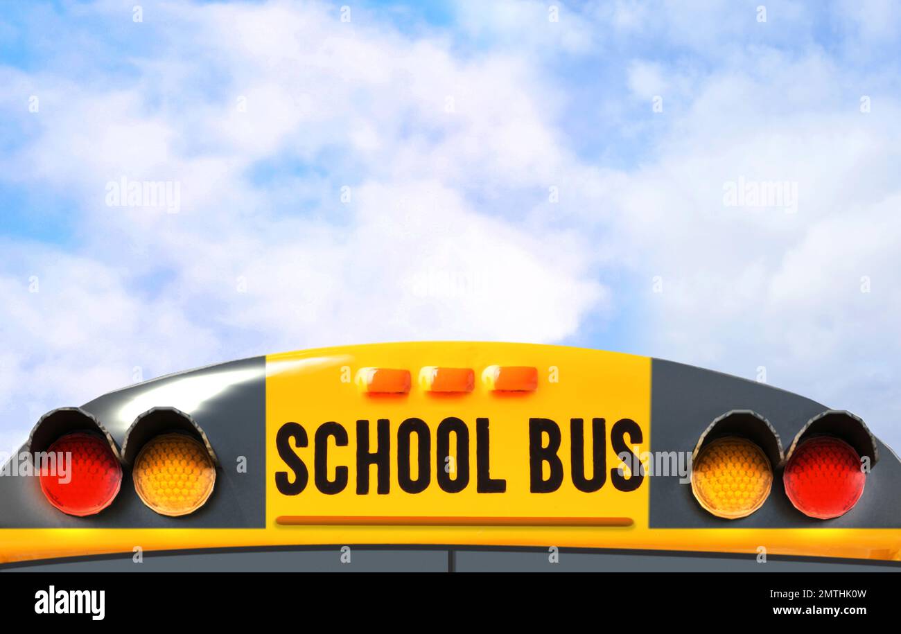 Yellow school bus outdoors, closeup. Transport for students Stock Photo ...