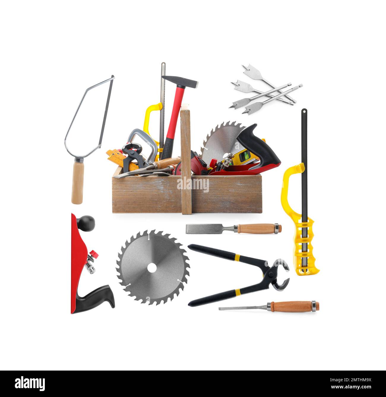 Collage with different modern carpenter's tools on white background ...