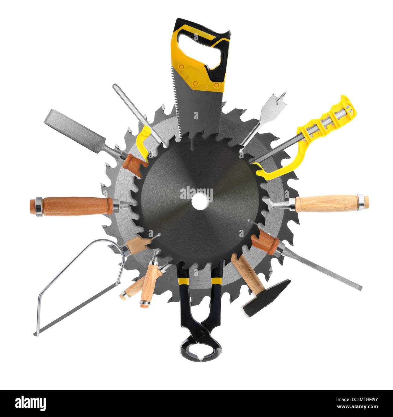Collage with different modern carpenter's tools on white background ...