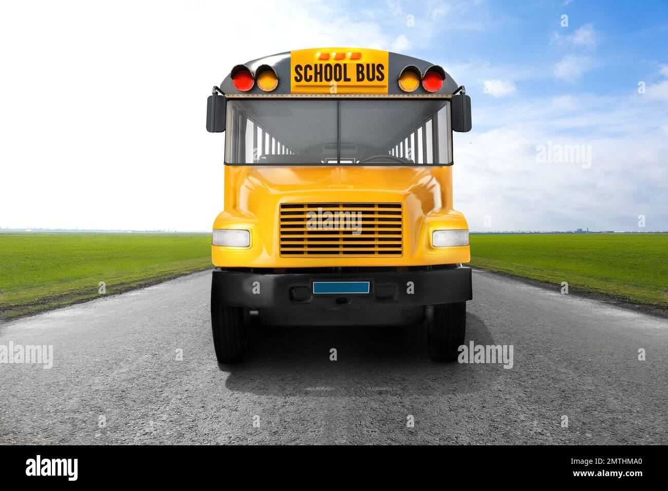 Yellow school bus on road outdoors. Transport for students Stock Photo ...