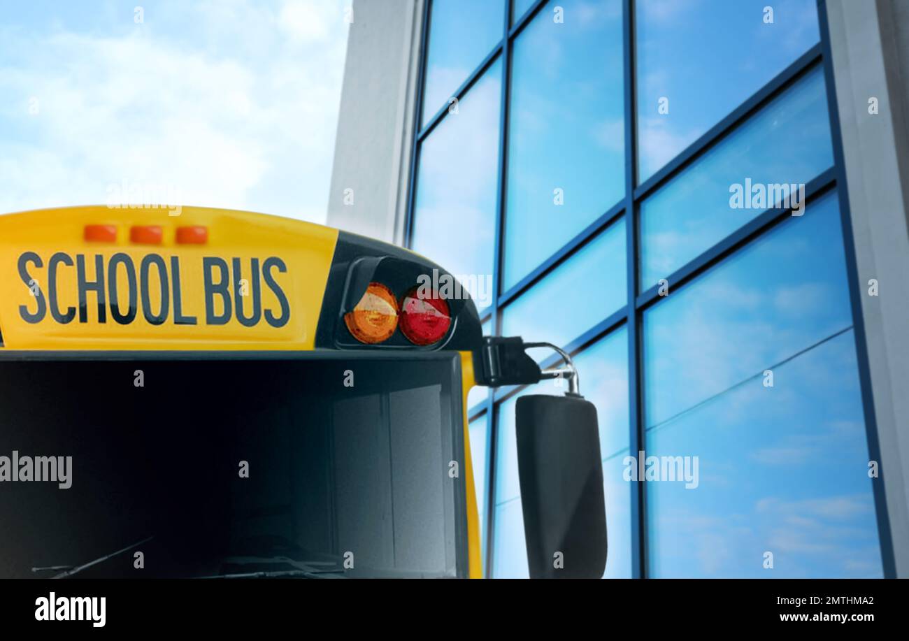 Yellow school bus outdoors, closeup. Transport for students Stock Photo ...