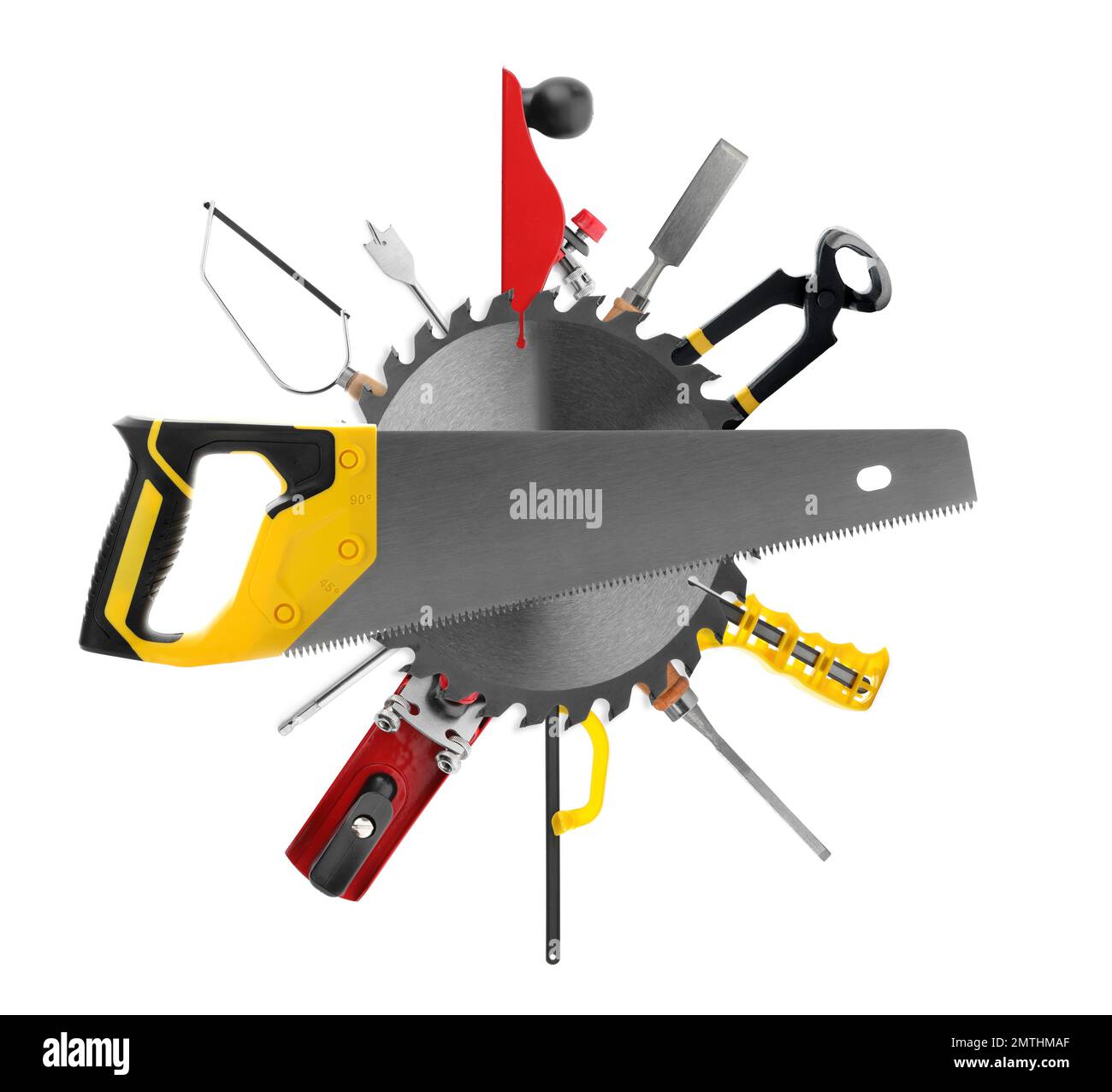Collage with different modern carpenter's tools on white background ...